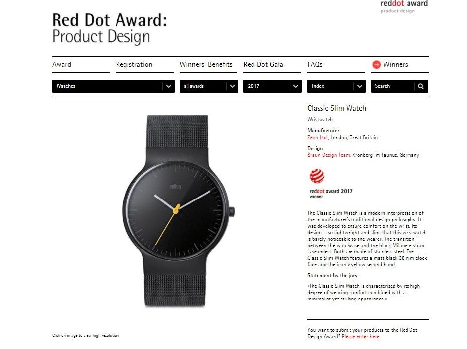 Red Dot Award:Product Design Classic Slim Watch – Braun Clocks
