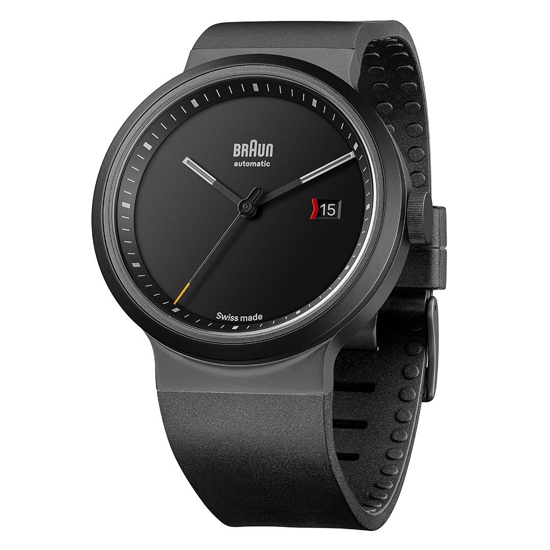BN0279 Braun Swiss made automatic watch black dial and black rubber st ...