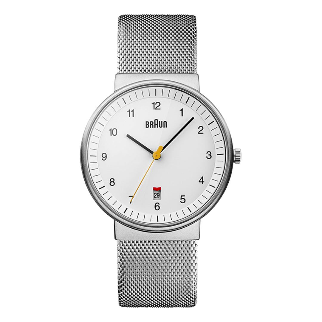 BN0032 Braun gents classic watch - white dial and silver mesh bracelet ...